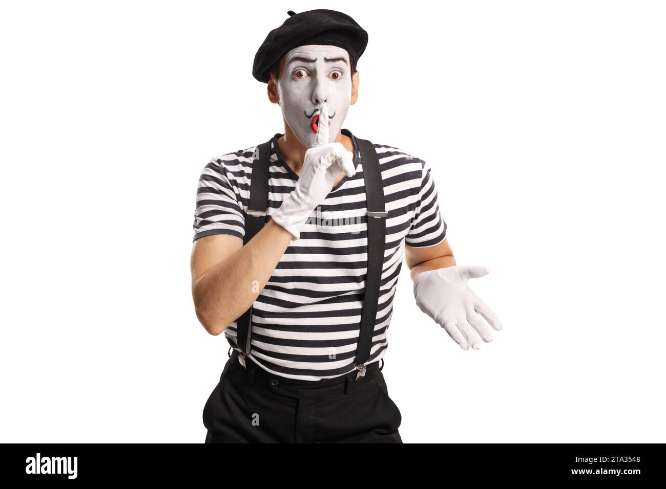 Mime gesturing silence with finger over mouth isolated on white ...
