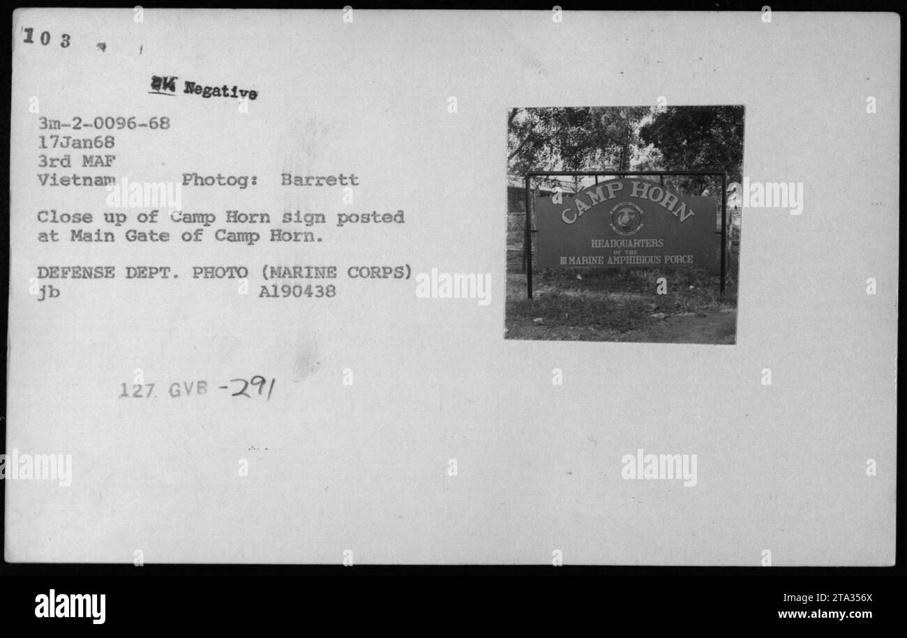 Close-up of Camp Horn sign at the Main Gate, January 17, 1968, marking ...