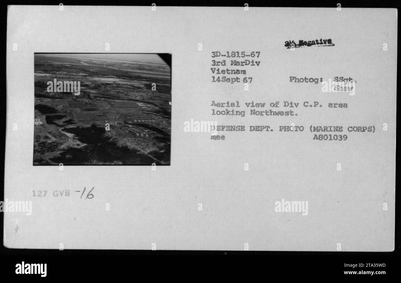 Aerial view of Division Command Post (C.P.) area, looking northwest ...