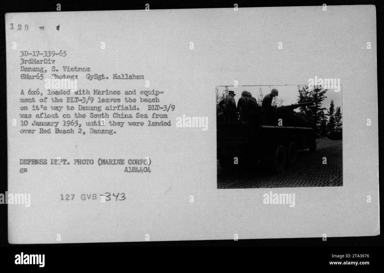 A 6x6 vehicle, carrying Marines and equipment from the BLT-3/9 ...