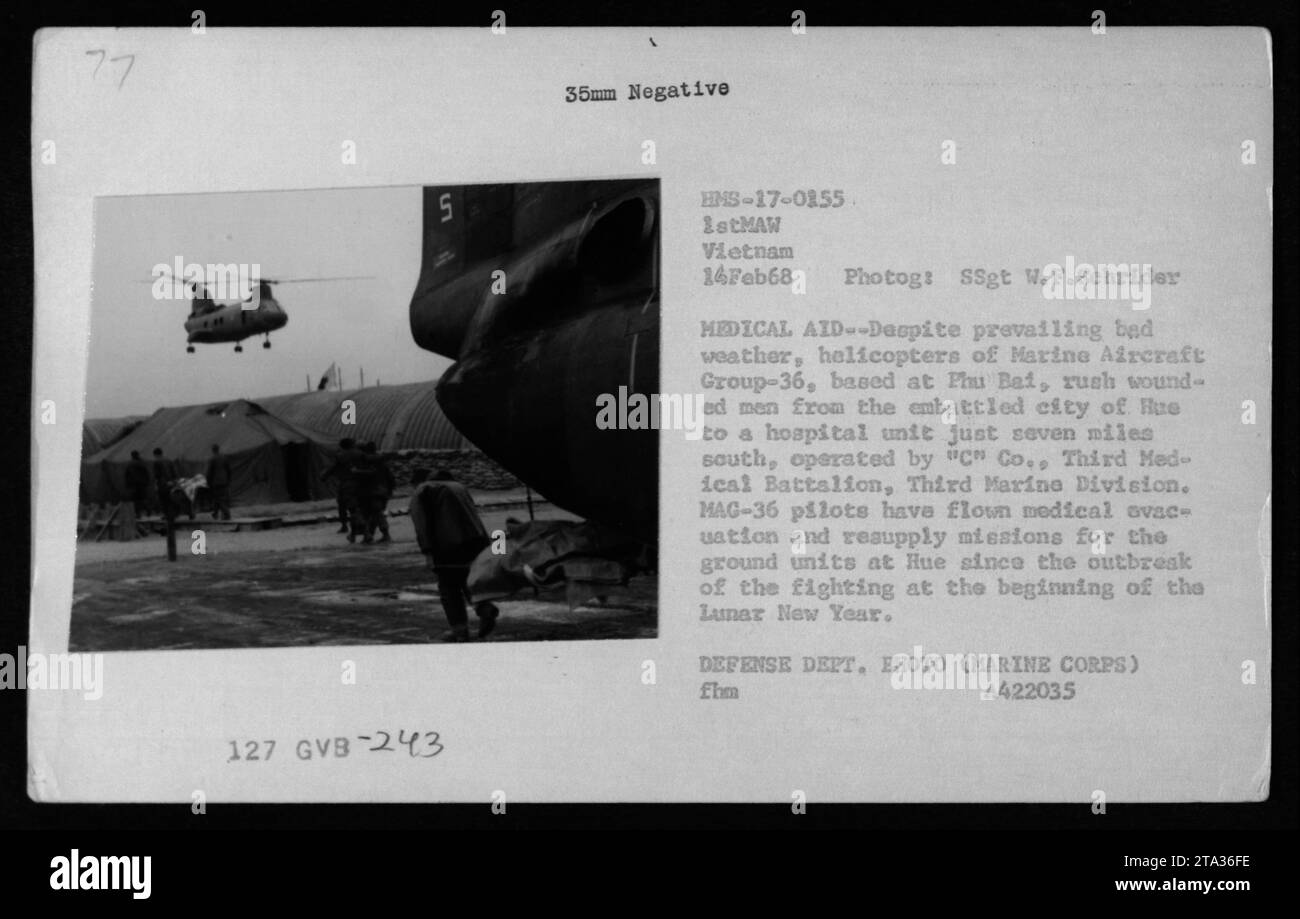 MAG-36 helicopters evacuate wounded soldiers from Hue, Vietnam, on ...