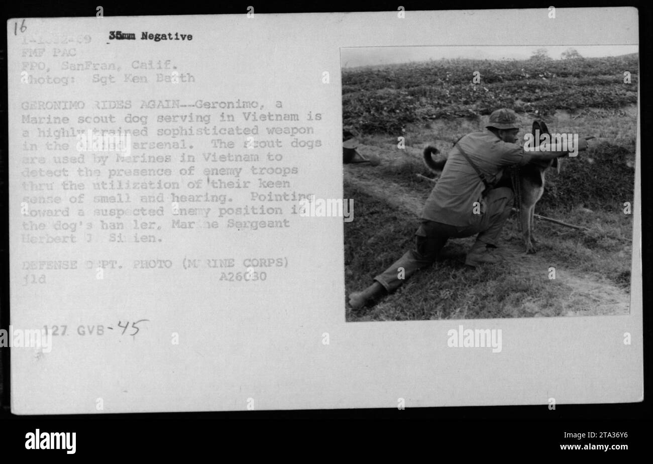 Marine scout dog Geronimo and handler Sergeant Herbert J. Sien are ...