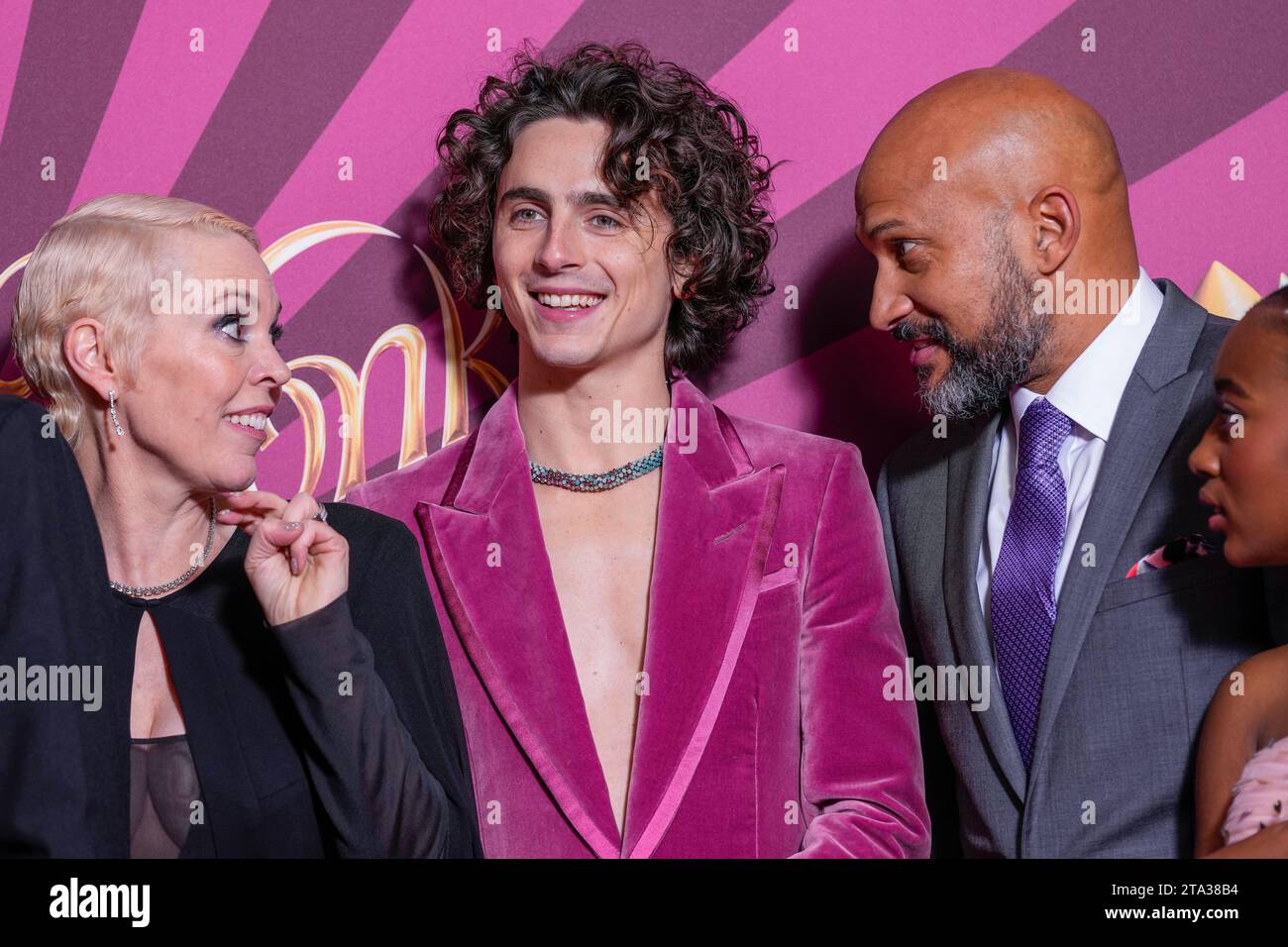 Olivia Colman, from left, Timothee Chalamet, Keegan-Michael Key and Calah Lane pose for ...
