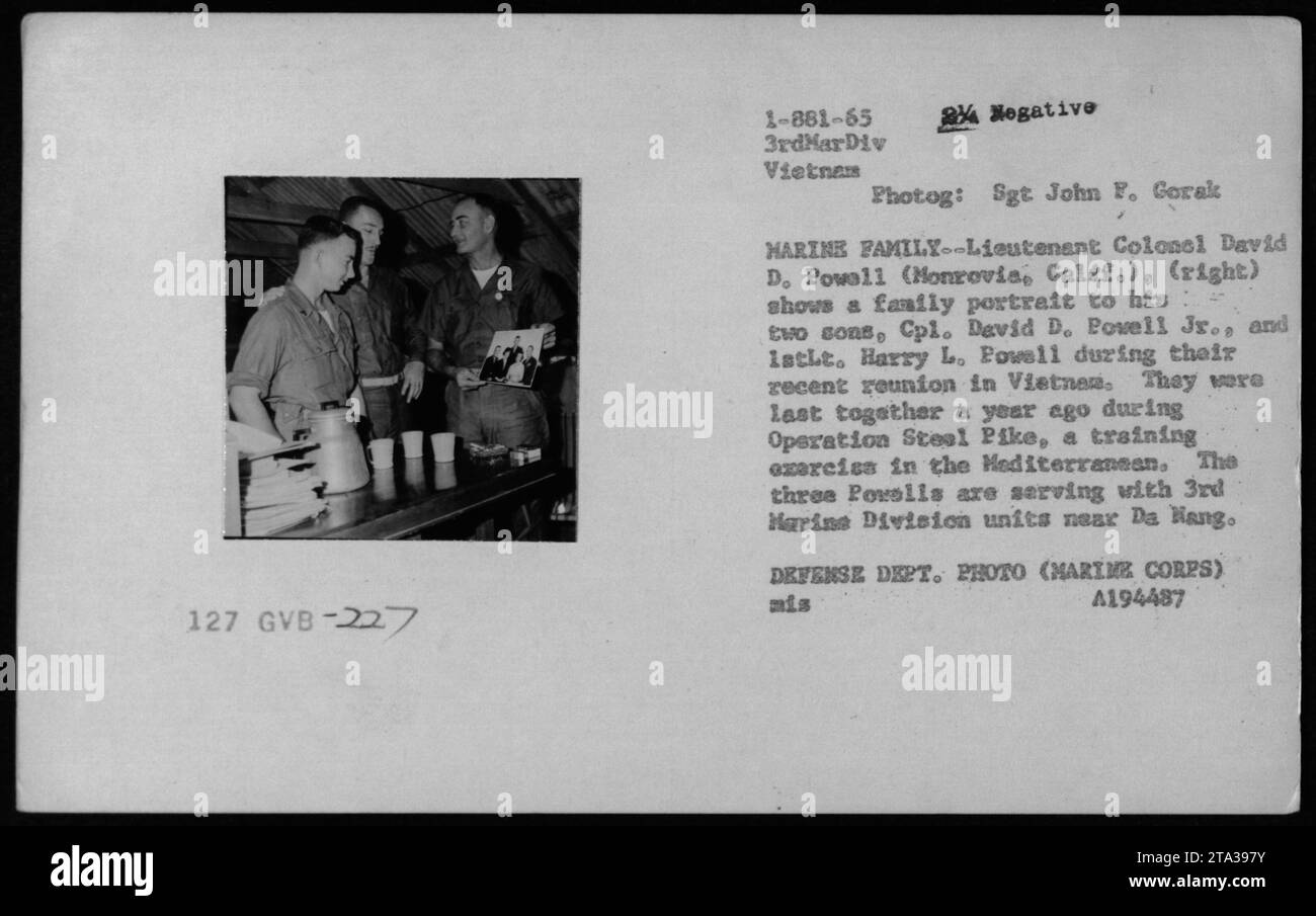Lieutenant Colonel David D. Powell shows a family portrait to his sons ...