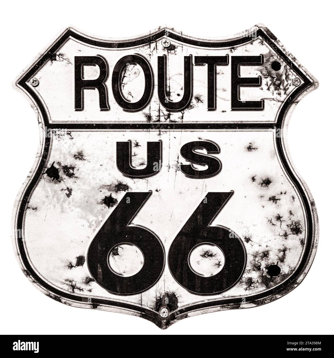 An antique black and white US Route 66 sign against a plain white ...