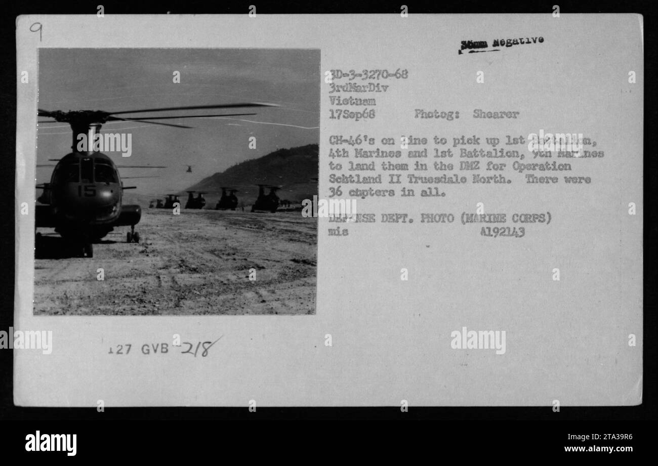 CH-46 helicopters are lined up on September 17, 1968, preparing to pick ...