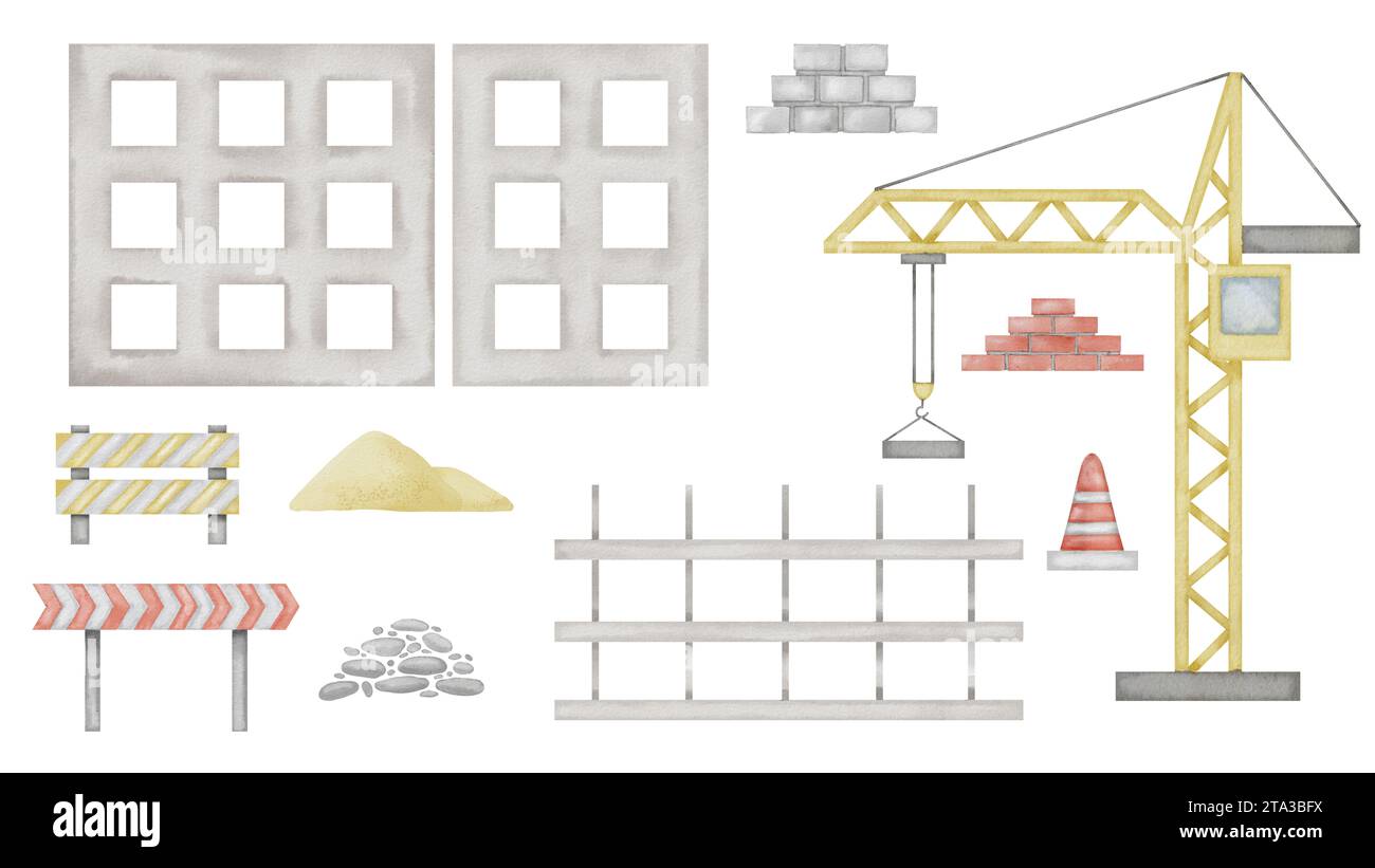 Construction clip art Set Watercolor illustration. Hand drawn building ...