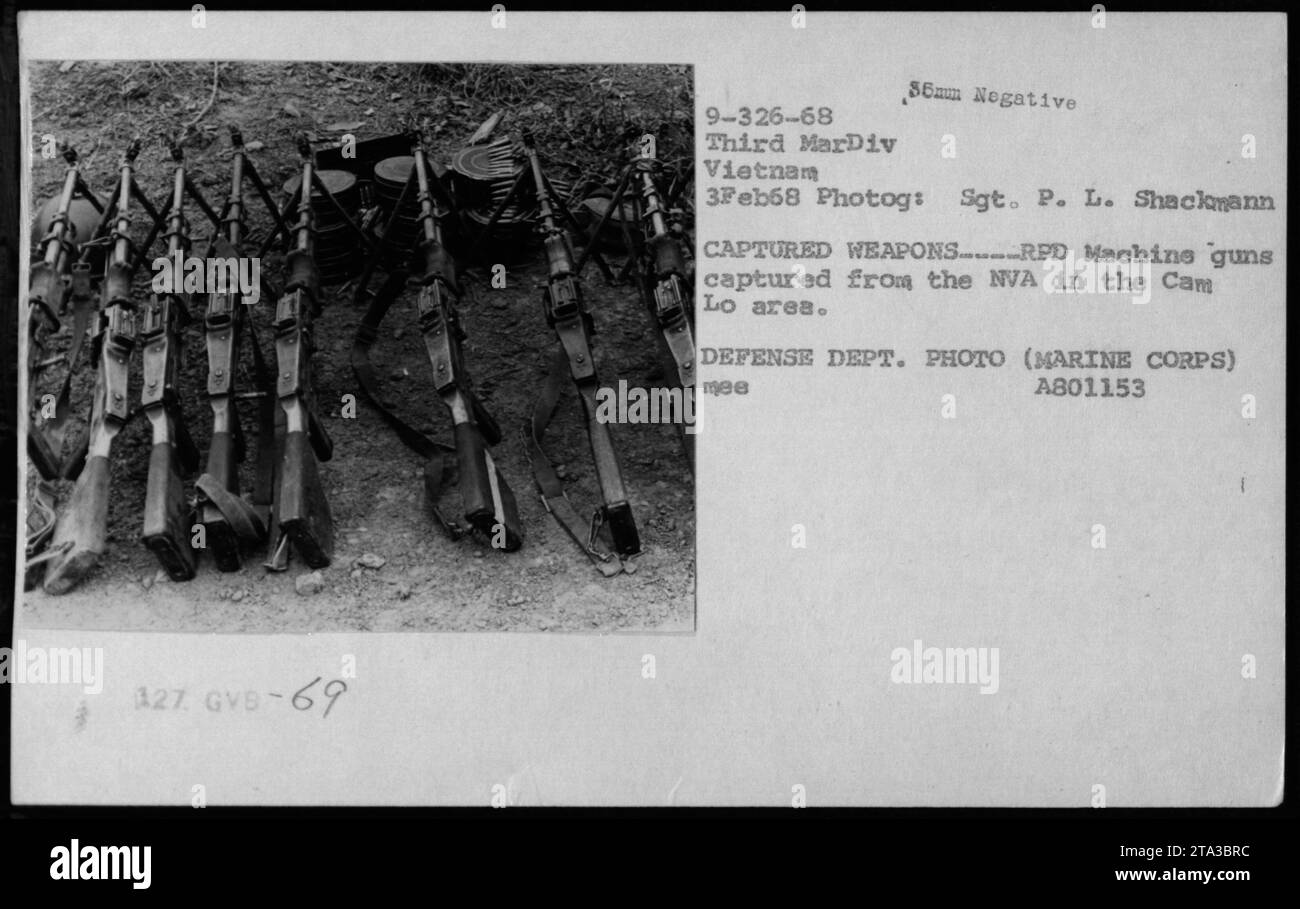 On February 3, 1968, a Marine Corps photograph documented captured RPD ...