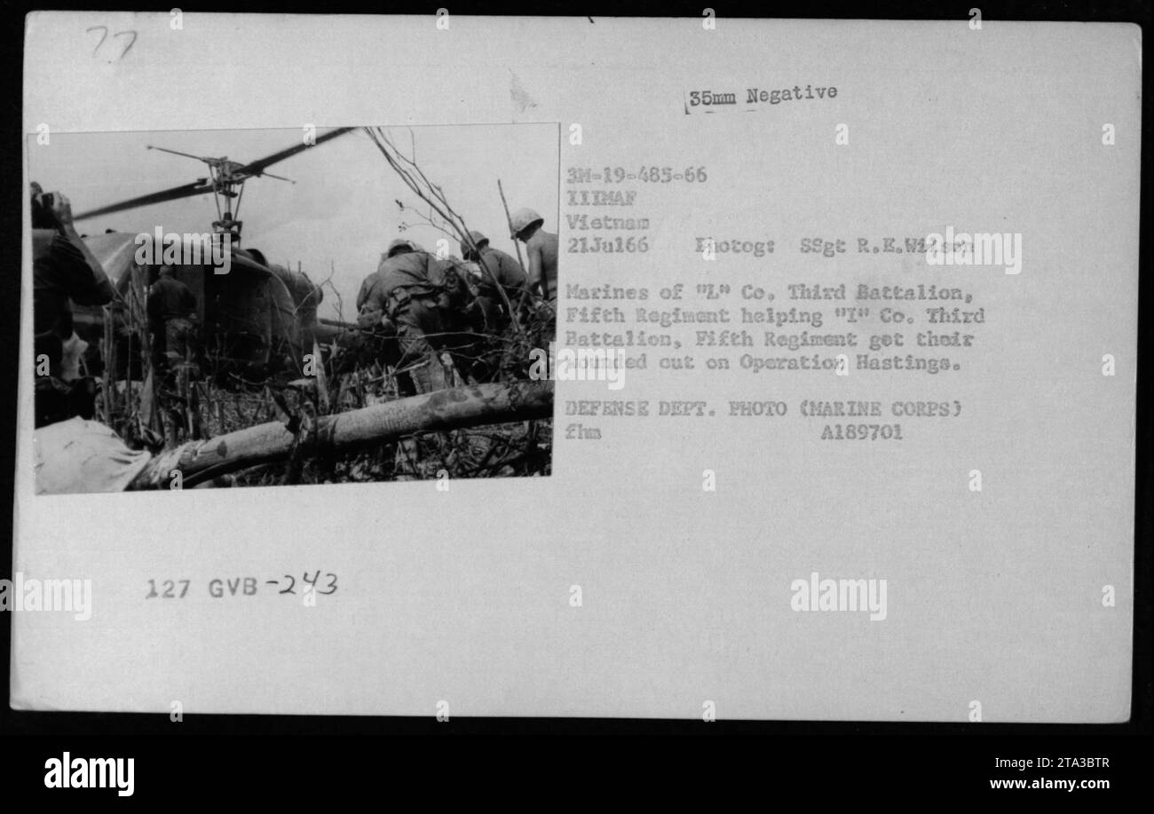 Marines from "L" Co. assisting "I" Co. in evacuating wounded soldiers ...