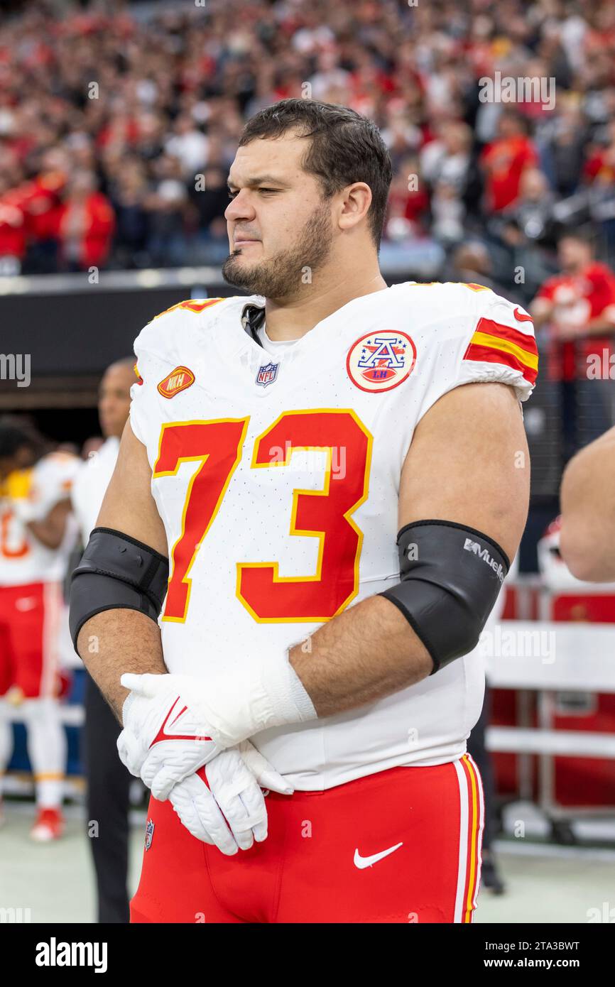 Kansas City Chiefs guard Nick Allegretti (73) stands for the National ...