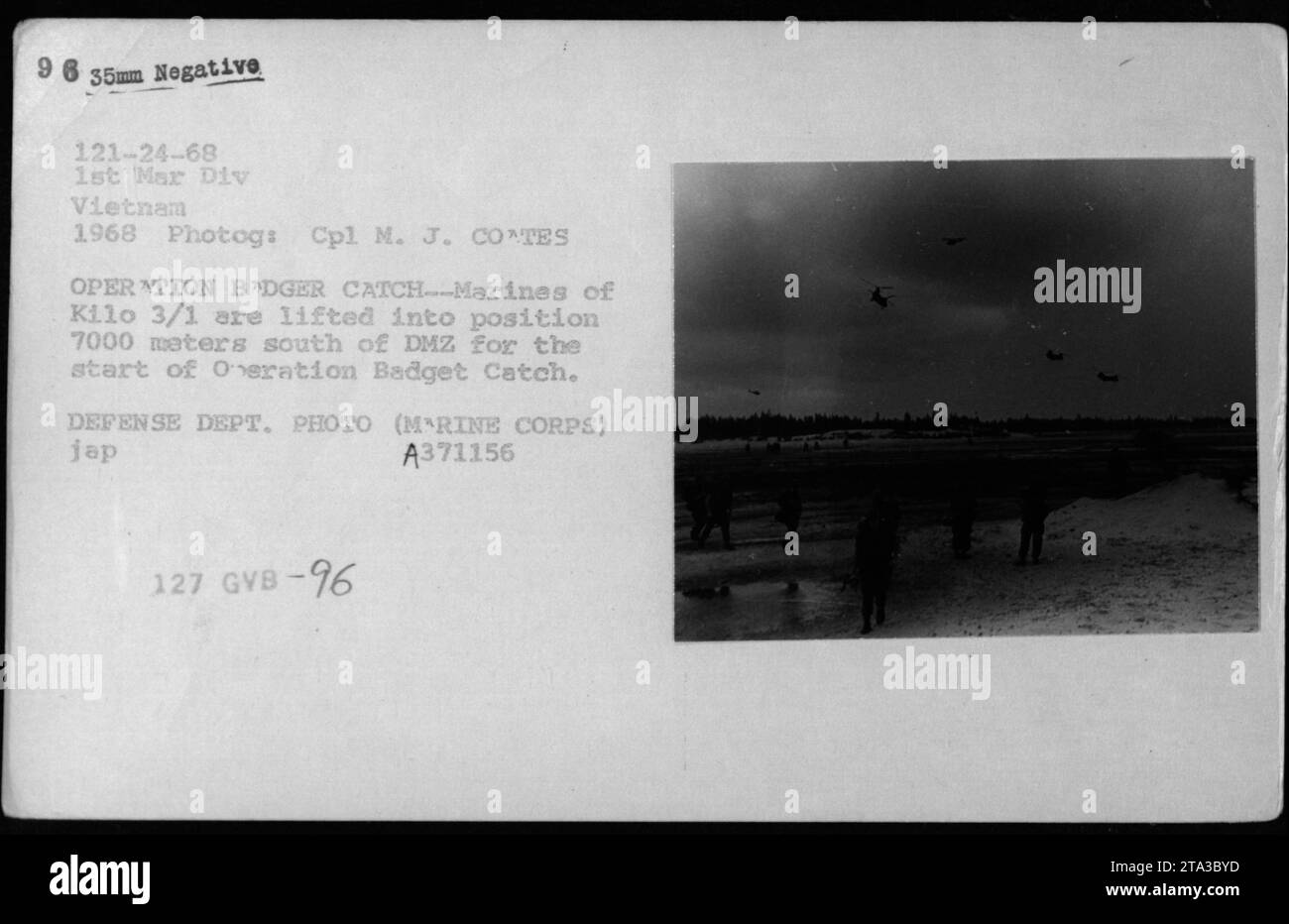 Marines of Kilo 3/1 being airlifted as part of Operation Badger Catch ...