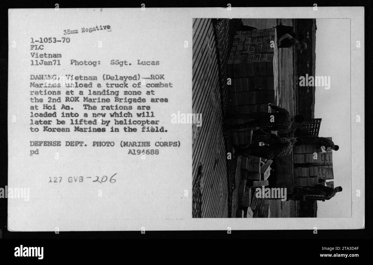 ROK Marines unloading combat rations from a truck at a landing zone in ...