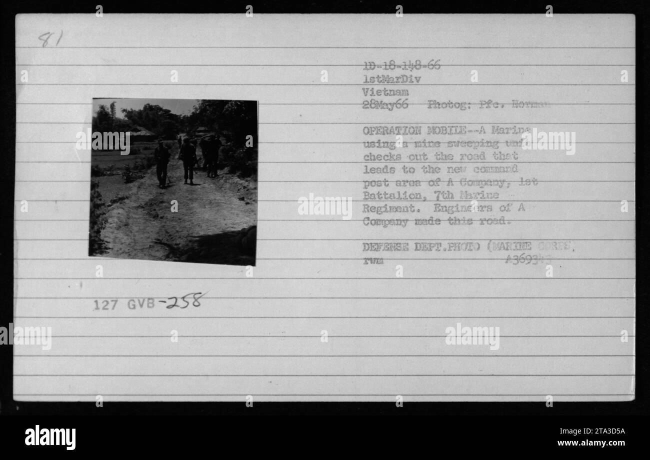 A Marine uses mine sweeping equipment to check the road leading to the ...