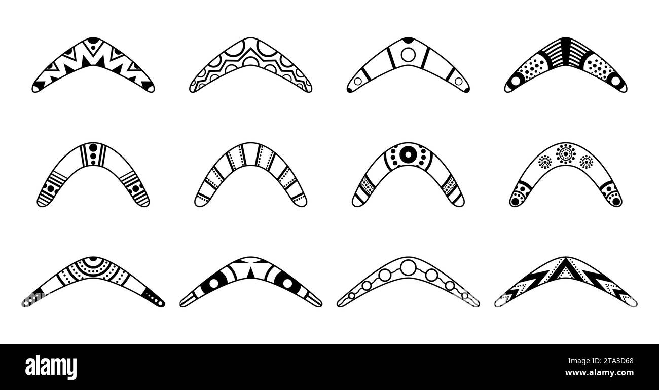 Traditional wooden boomerang of different shapes icons set isolated on ...