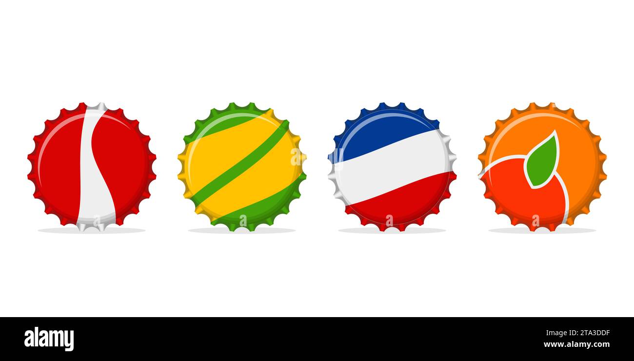 Colorful bottle caps set isolated on white background. Labels in the ...