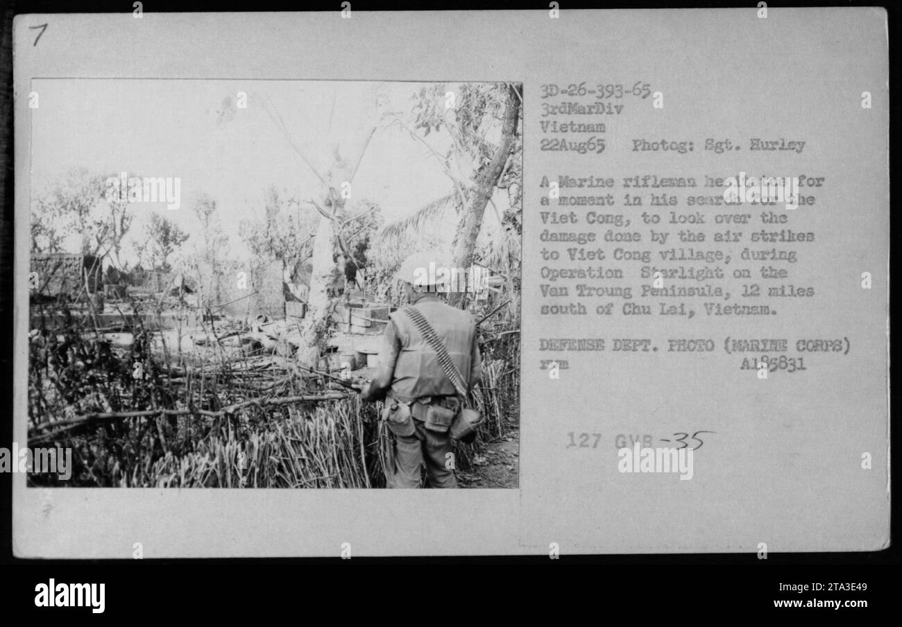 On August 22, 1965, a Marine rifleman assessed damage from air strikes ...