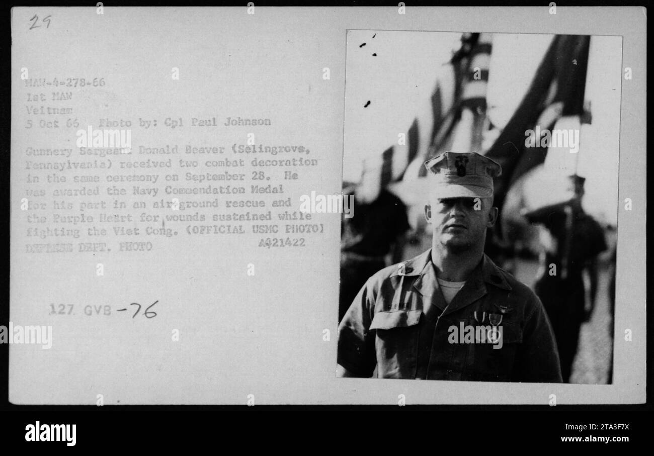 Gunnery Sergeant Donald Beaver of Selinsgrove, Pennsylvania receives ...