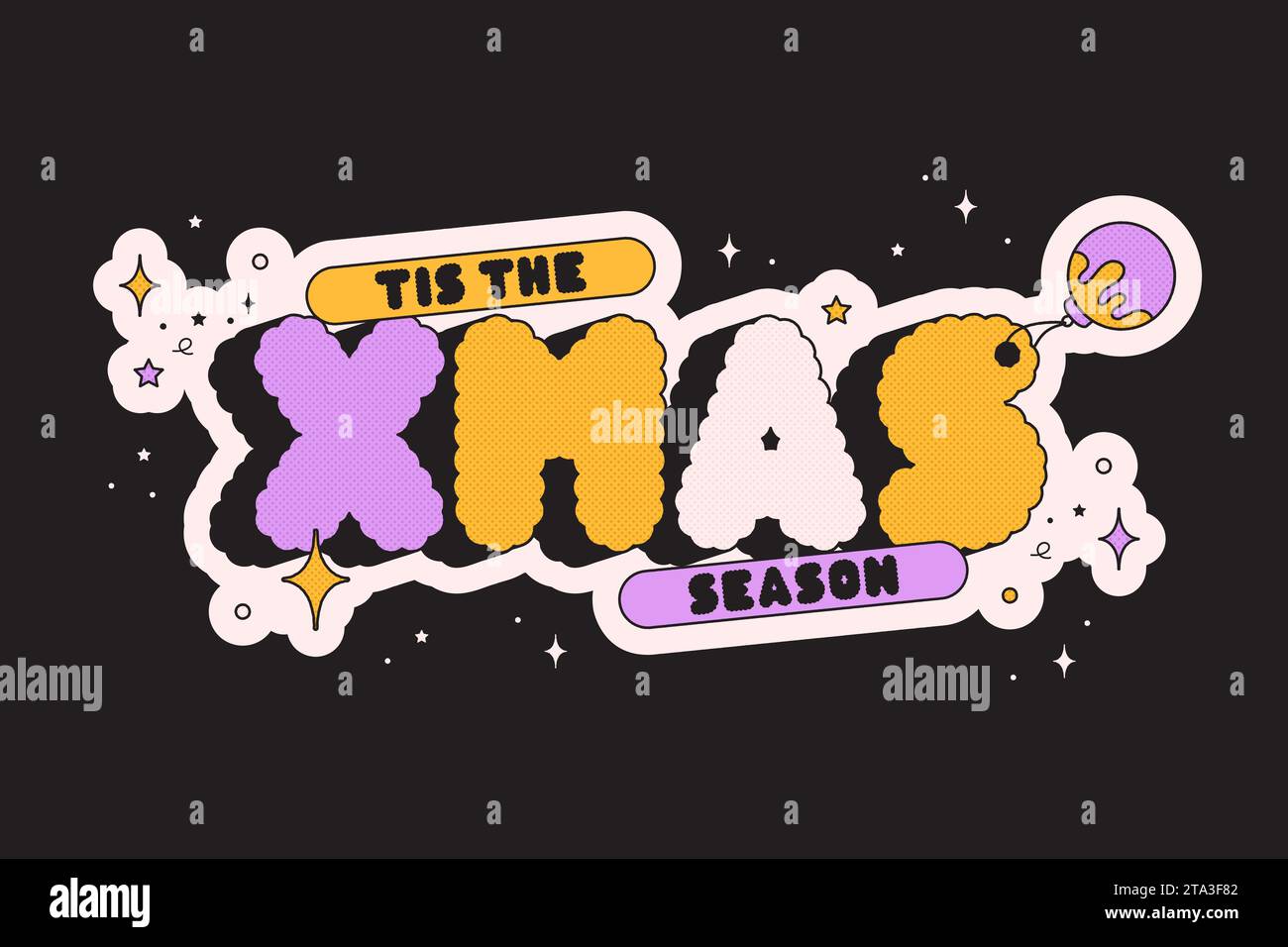 Groovy XMAS label. Yellow and purple halftone letters Stock Vector ...