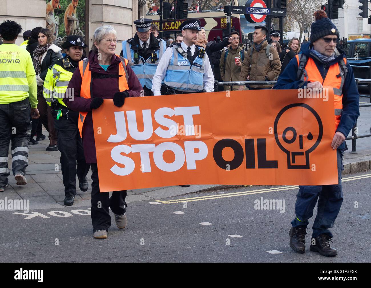 Whitehall, London, UK. 28th November, 2023. Just Stop Oil protesters ...