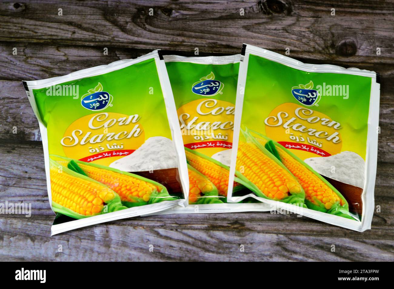 Cairo, Egypt, November 23 2023: Corn starch powder from Bait food, Corn, maize starch, or ...