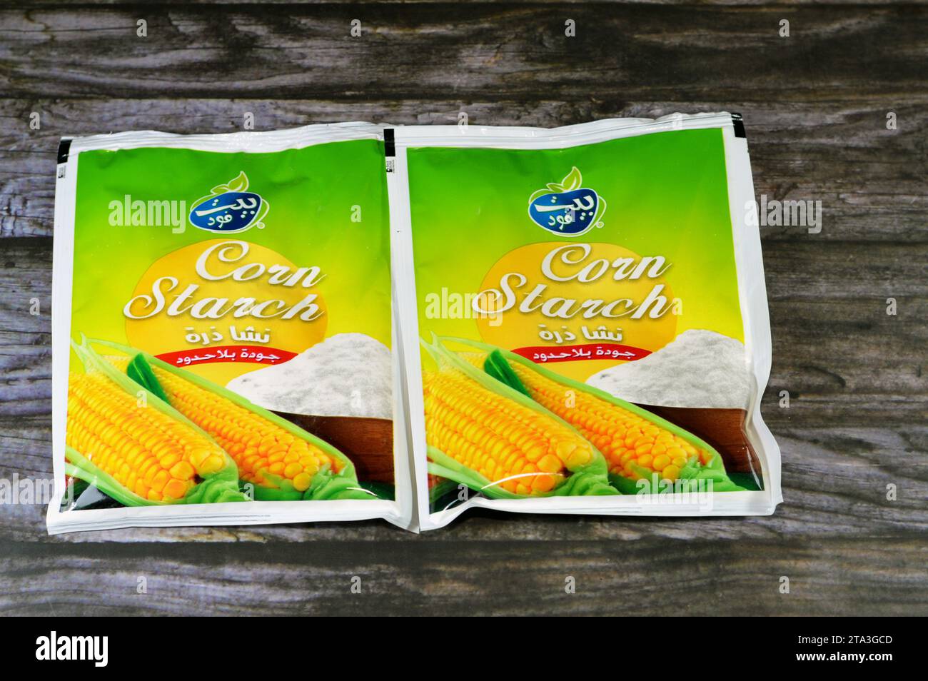 Cairo, Egypt, November 23 2023: Corn starch powder from Bait food, Corn, maize starch, or ...