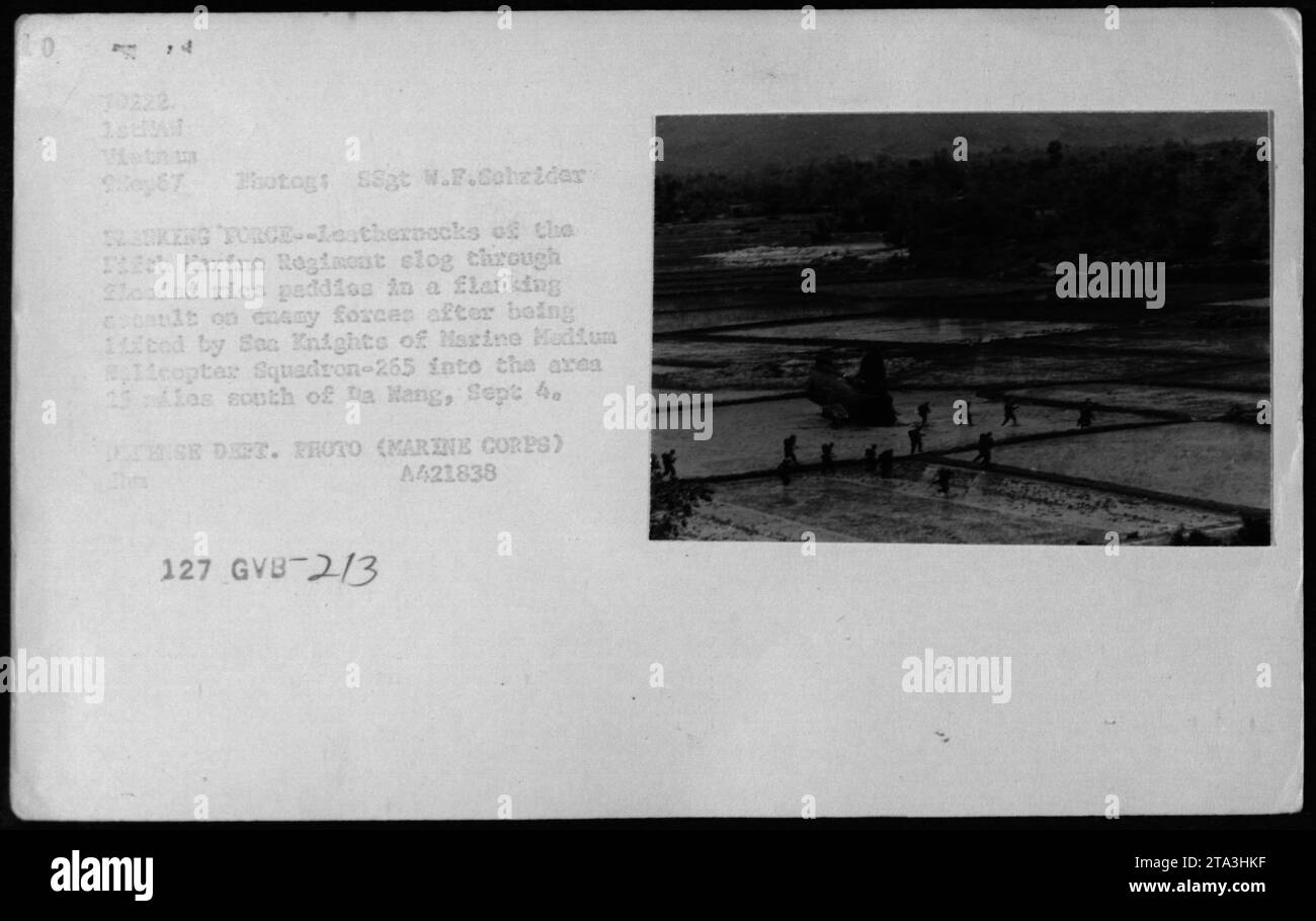 Marines from the 4th Marine Regiment wade through flooded rice paddies ...