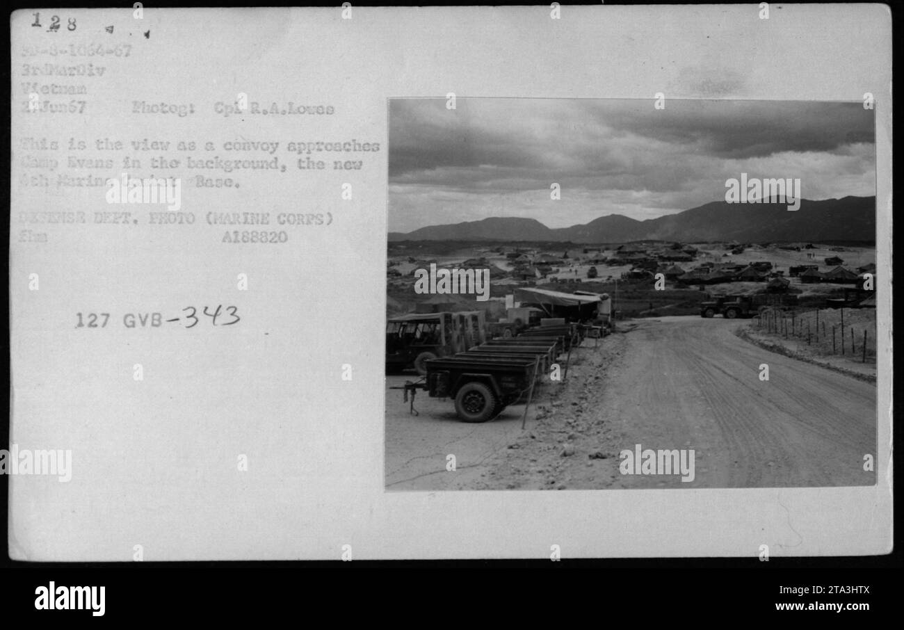 A convoy approaching Camp Evans, the new Ach Marine Combat Base. Date ...