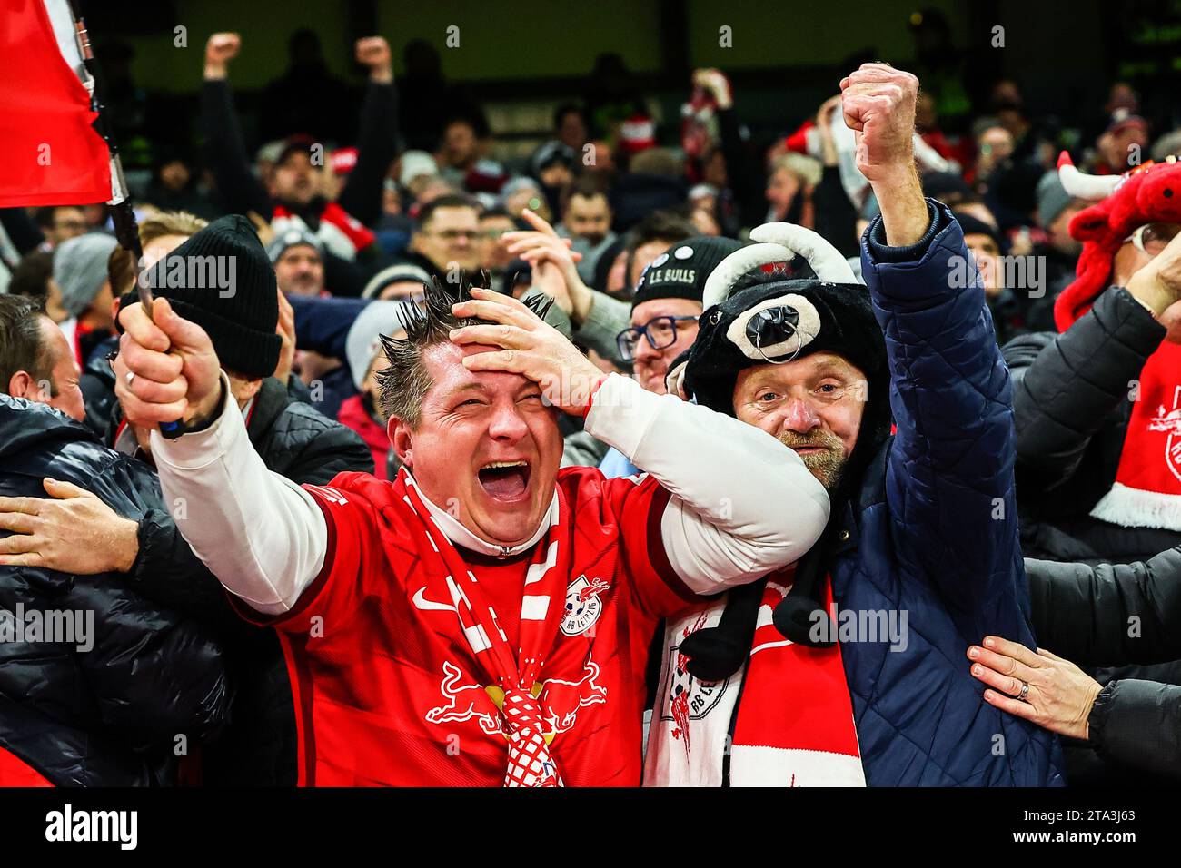 Manchester, UK. 28th Nov, 2023. RB Leipzig fans celebrate going ahead ...