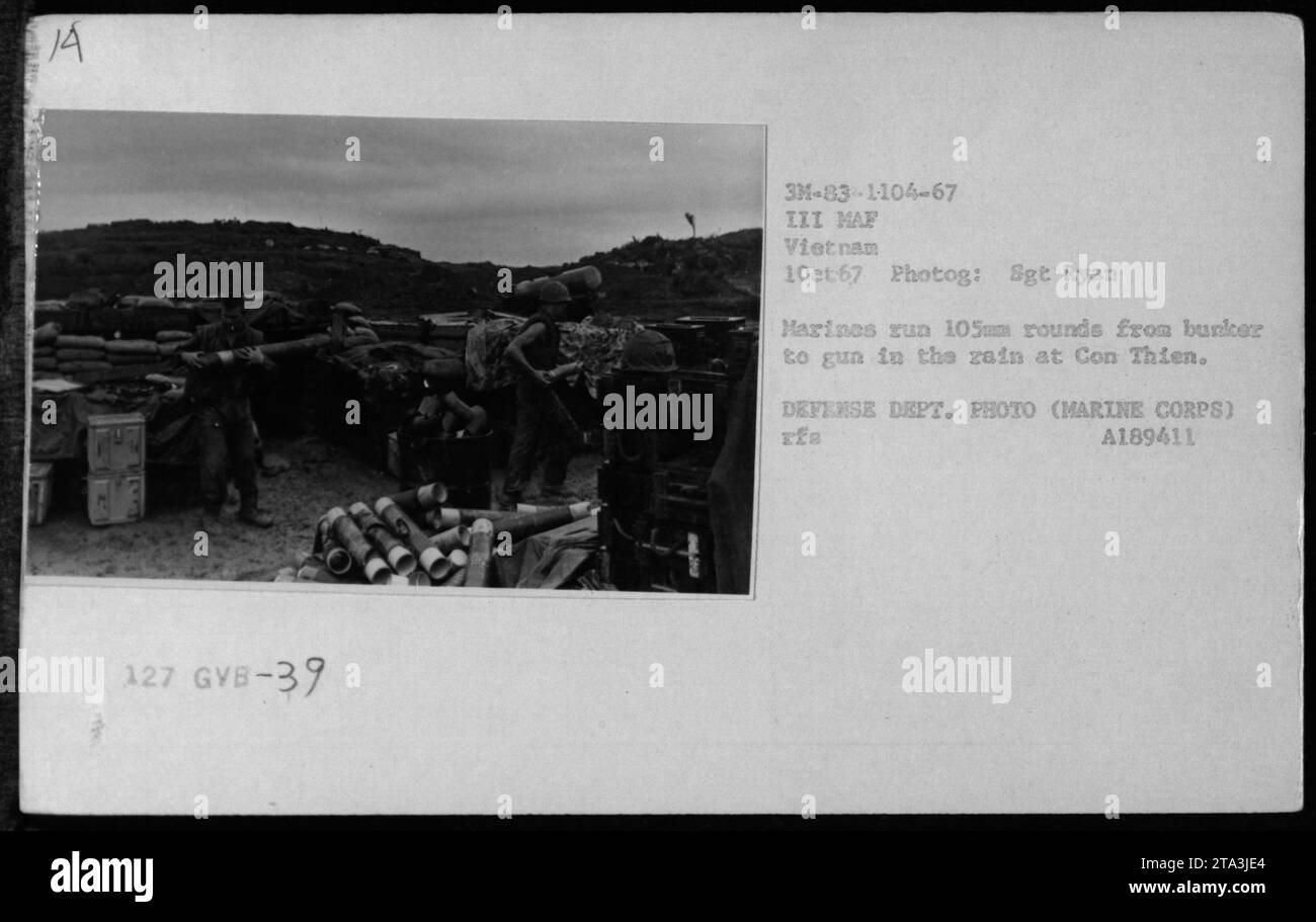 Marines at Con Thien, Vietnam, on October 1, 1967, moved 105mm rounds ...