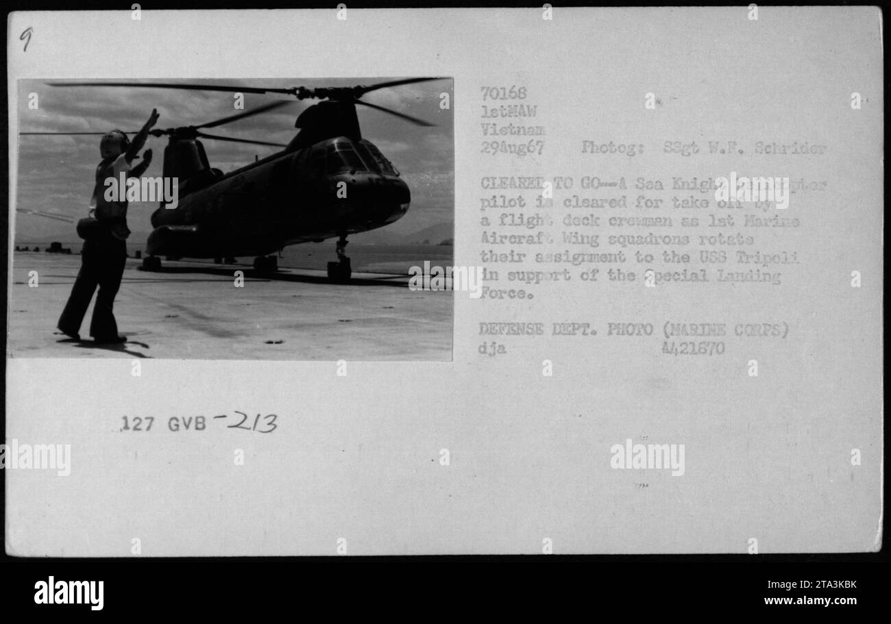 A Son Knight helicopter pilot receives clearance for takeoff from a ...