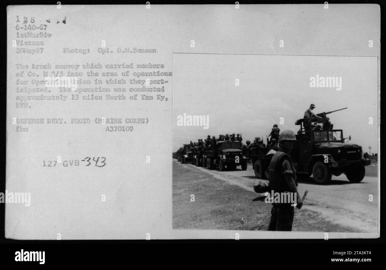 Truck convoy carrying members of Company M 3/5 for Operation Union ...