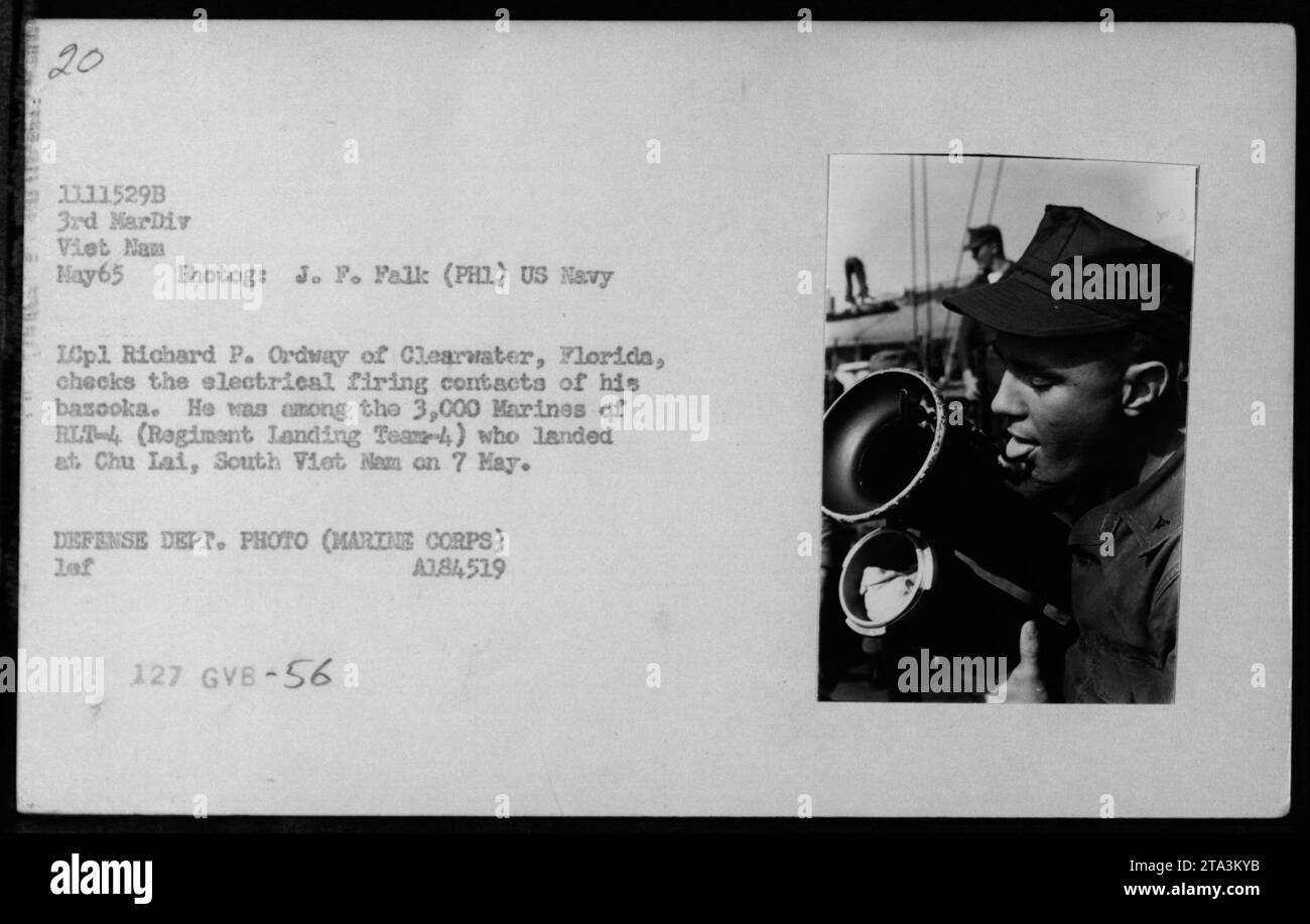 On May 7, 1965, LCpl Richard P. Ordway of the US Marine Corps inspected ...