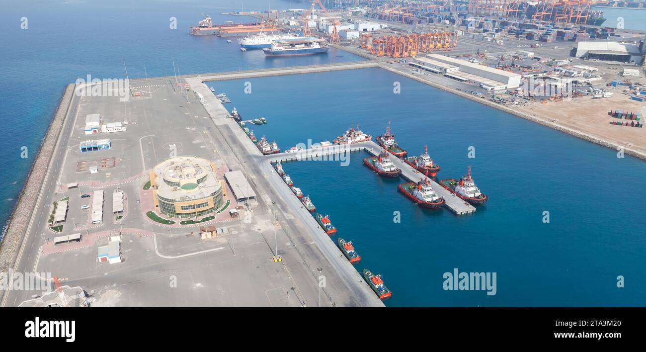 Jeddah Islamic Seaport aerial view with moored tugs and pilot boats ...