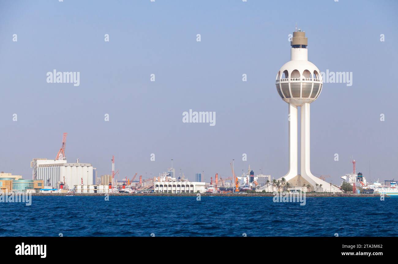 Jeddah Islamic Seaport seaside view with white traffic control tower ...