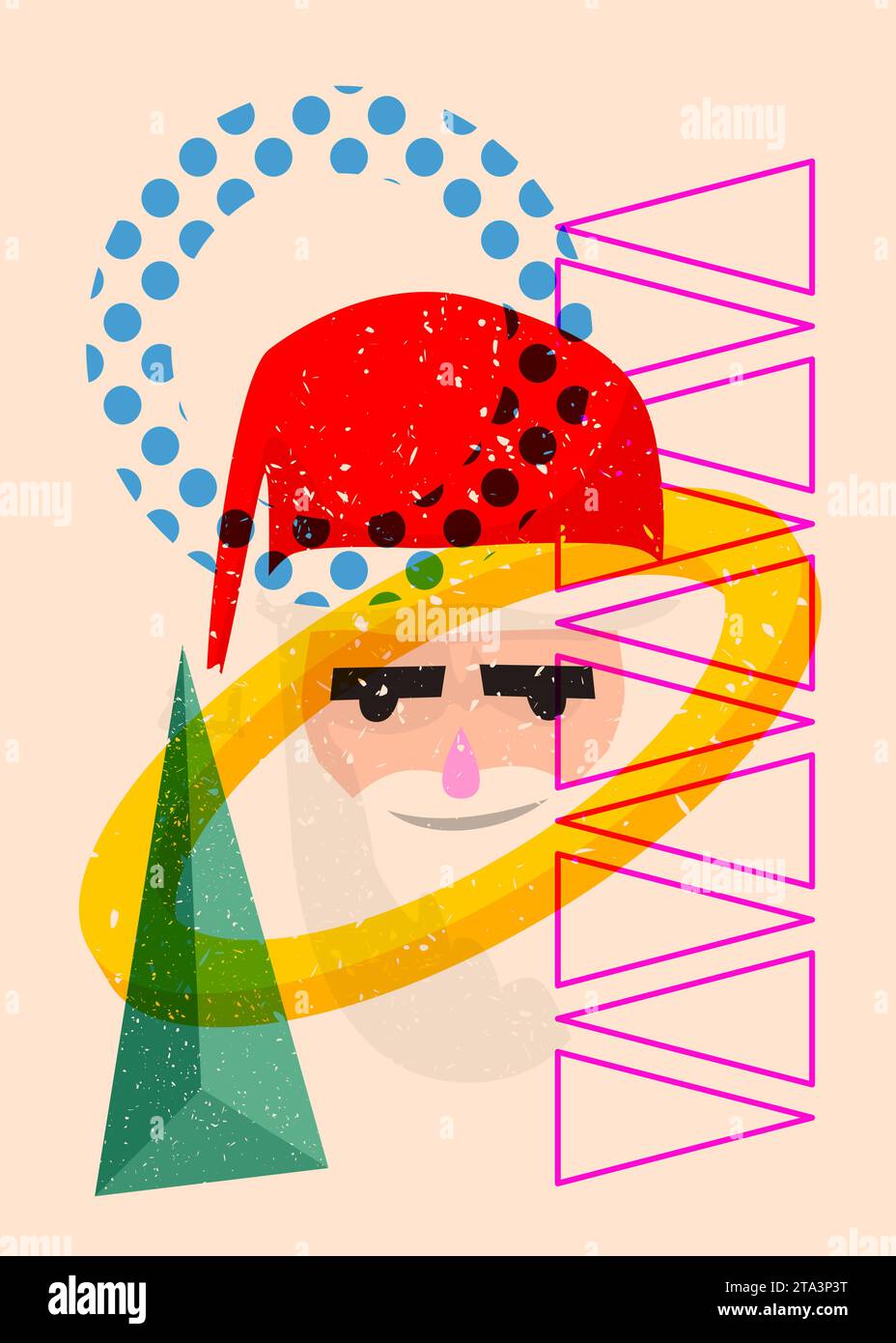 Risograph Santa Claus head with geometric shapes. Objects in trendy ...