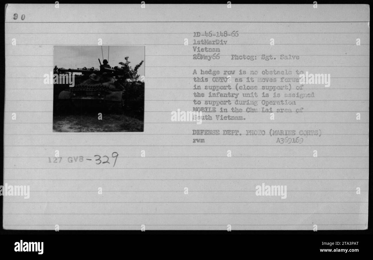 ONTOS tank advancing through a hedge row to provide close support to an ...