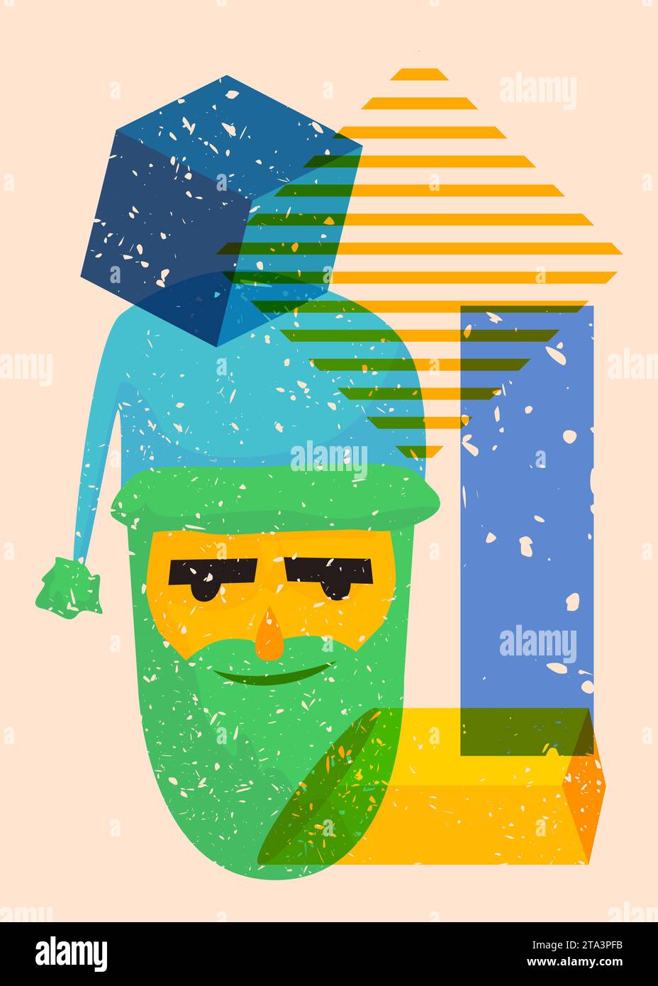 Risograph Santa Claus head with geometric shapes. Objects in trendy ...