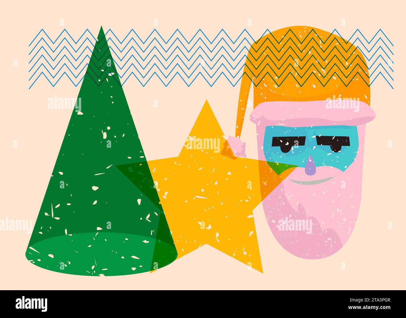 Risograph Santa Claus head with geometric shapes. Objects in trendy ...