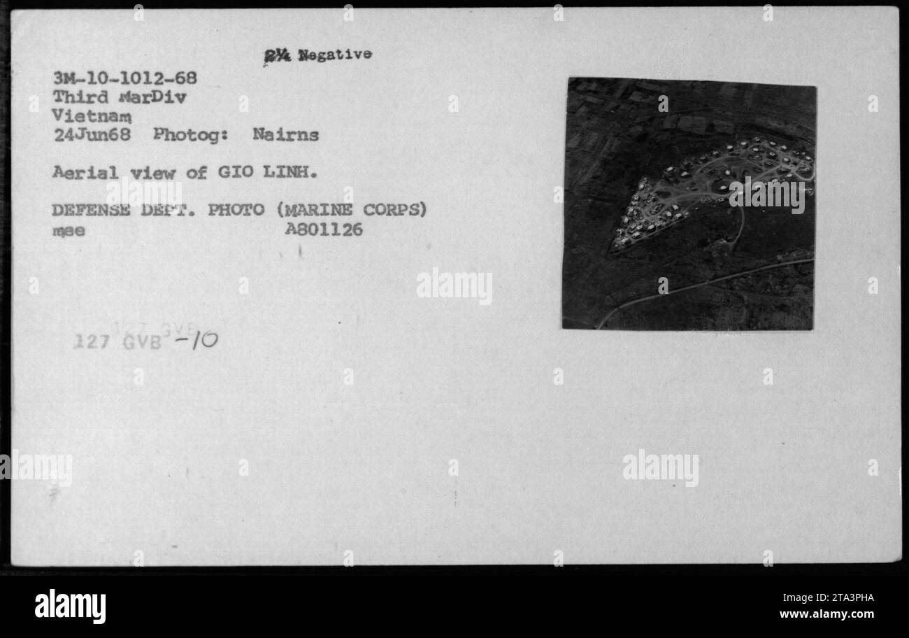 Aerial view of Gio Linh, Vietnam on June 24, 1968, showing landscape, structures, and military ...