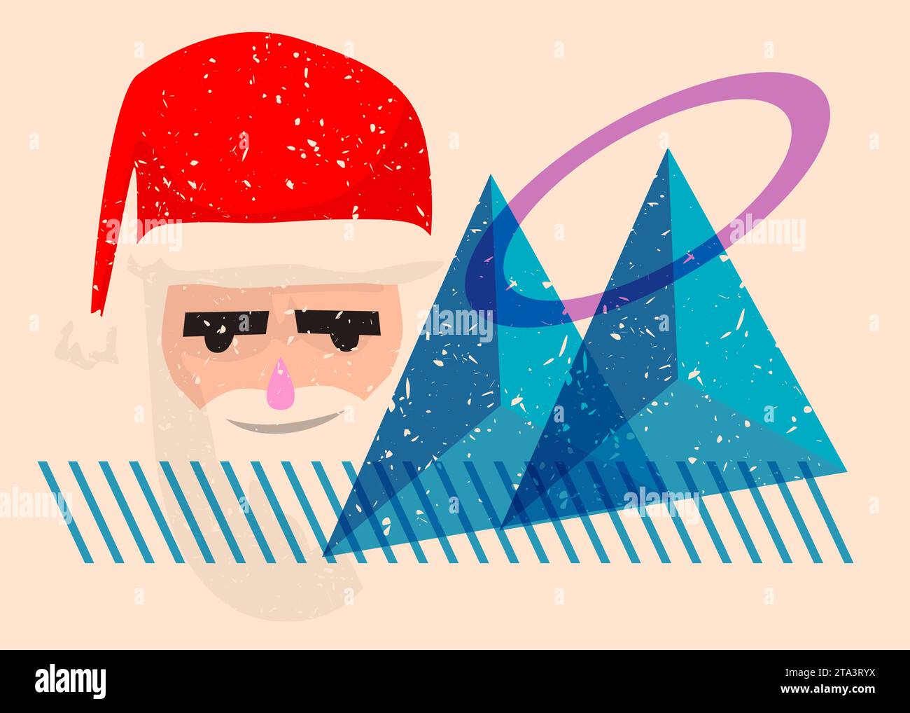 Risograph Santa Claus head with geometric shapes. Objects in trendy ...