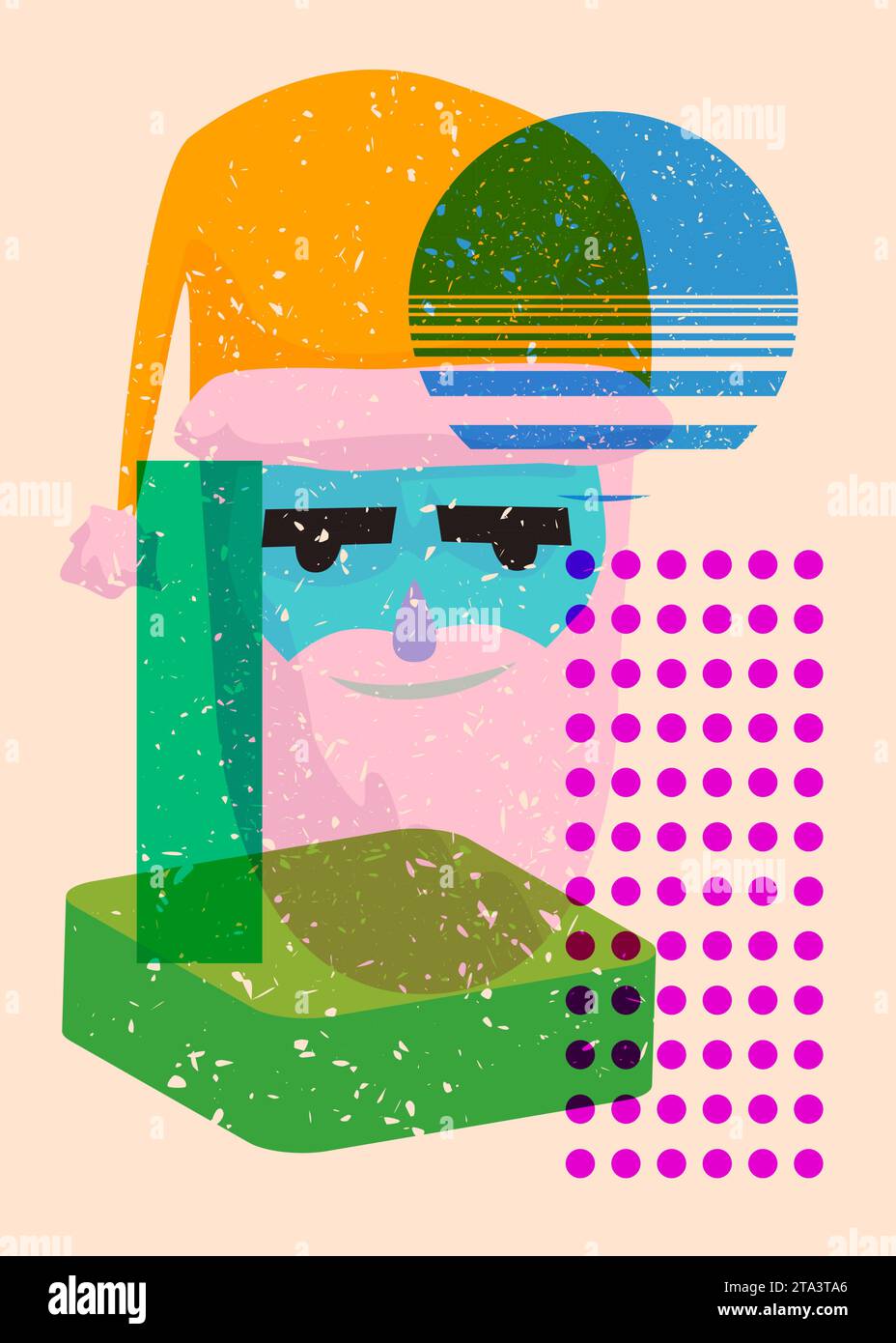 Risograph Santa Claus head with geometric shapes. Objects in trendy ...