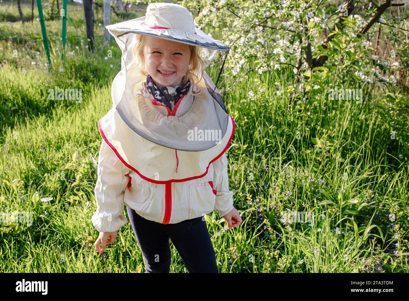 Portrait of a little girl in a beekeeper costume. Children learn how to ...