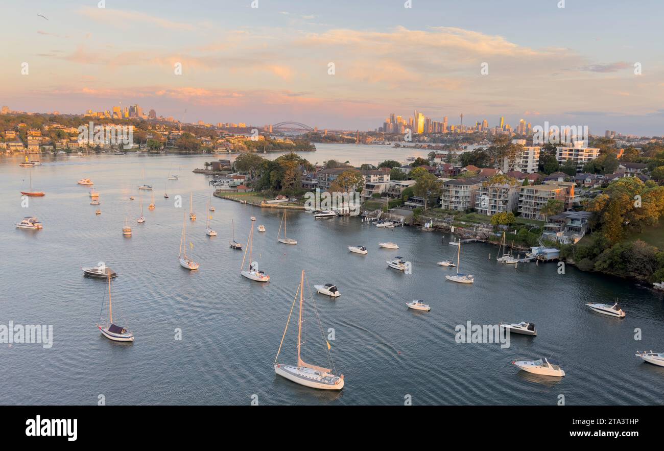 Sydney skyline and the Parramatta river from the Gladesville bridge at ...