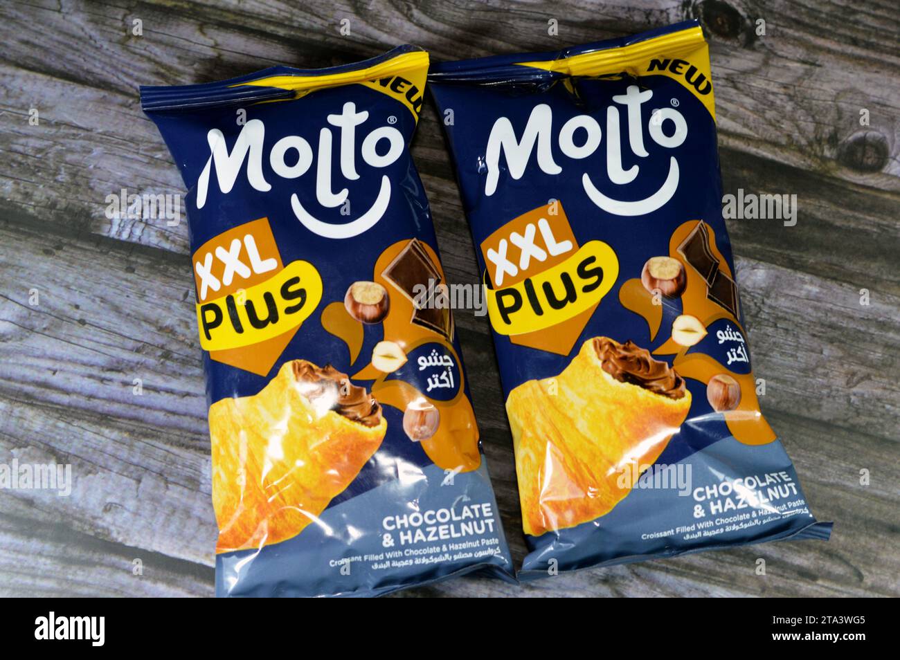 Cairo, Egypt, November 6 2023: Molto XXL plus chocolate and hazelnuts, baked croissants stuffed ...
