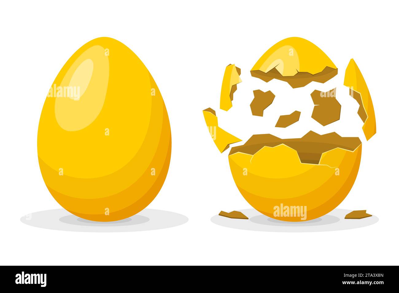 Golden whole and broken egg isolated on a white background. Gold chicken eggshell cracking ...