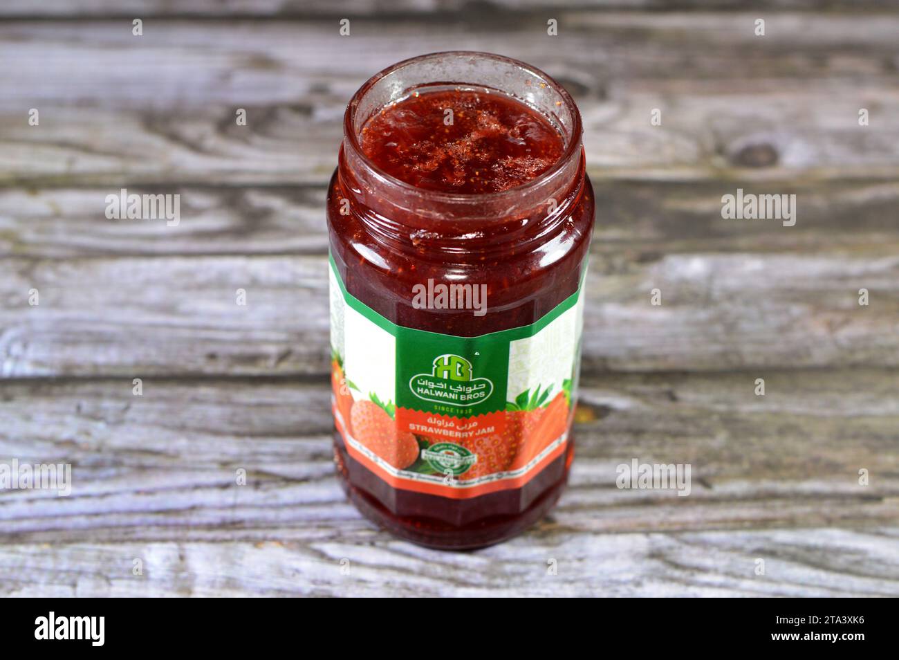 Cairo, Egypt, November 12 2023: Halwani Bros strawberry jam Haalwani ...
