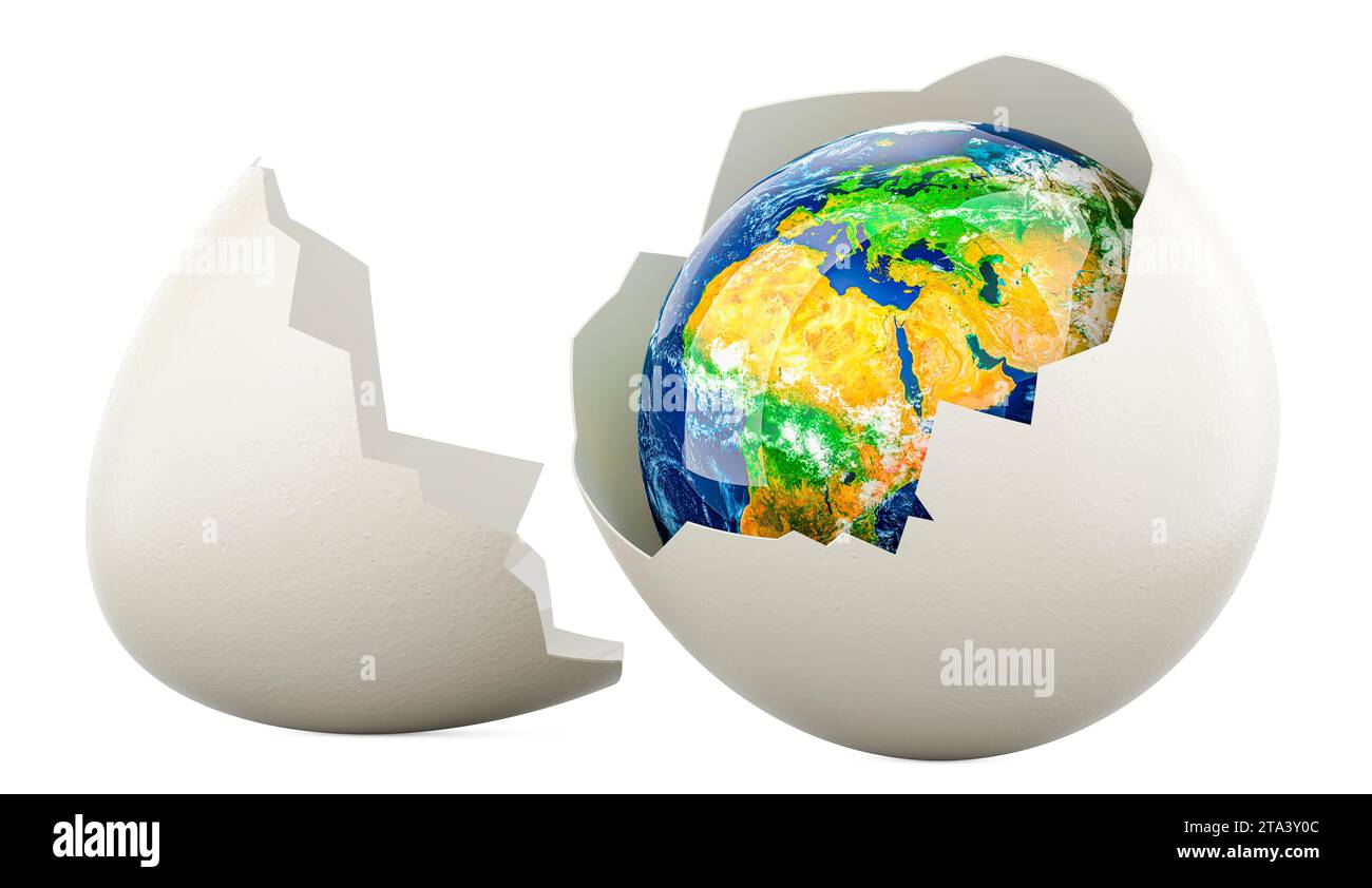 Broken chicken egg with Earth Globe inside, 3D rendering isolated on ...