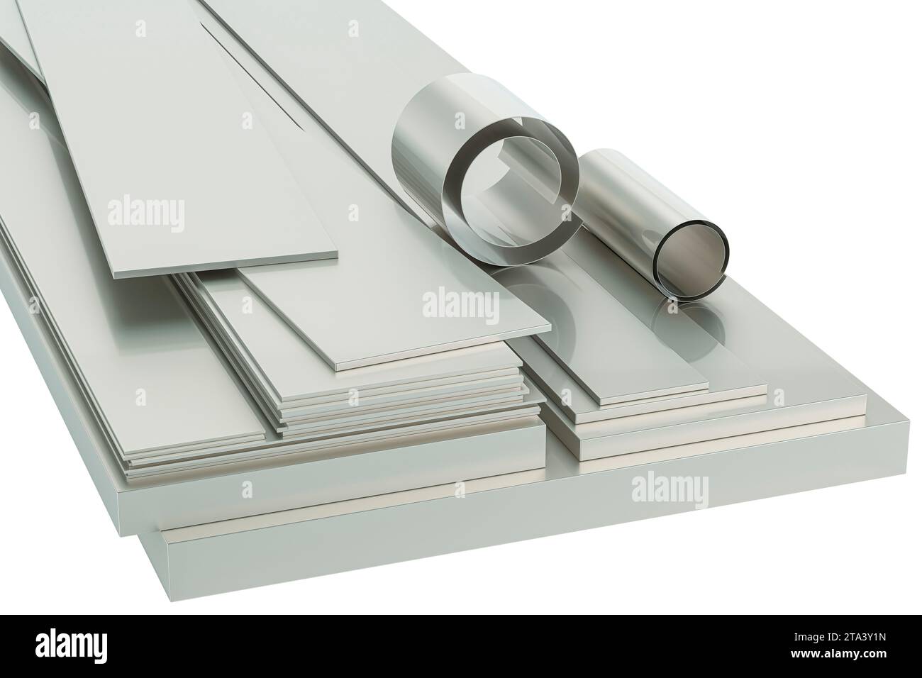 Set of steel sheets, rolled metal. 3D rendering isolated on white ...
