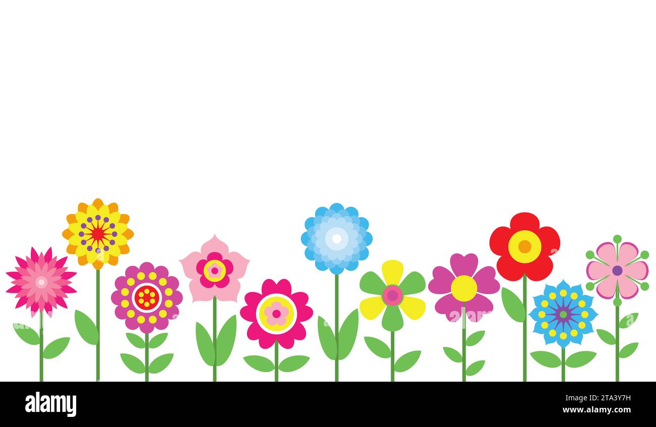 Spring flowers border isolated on white background. Simple colorful ...
