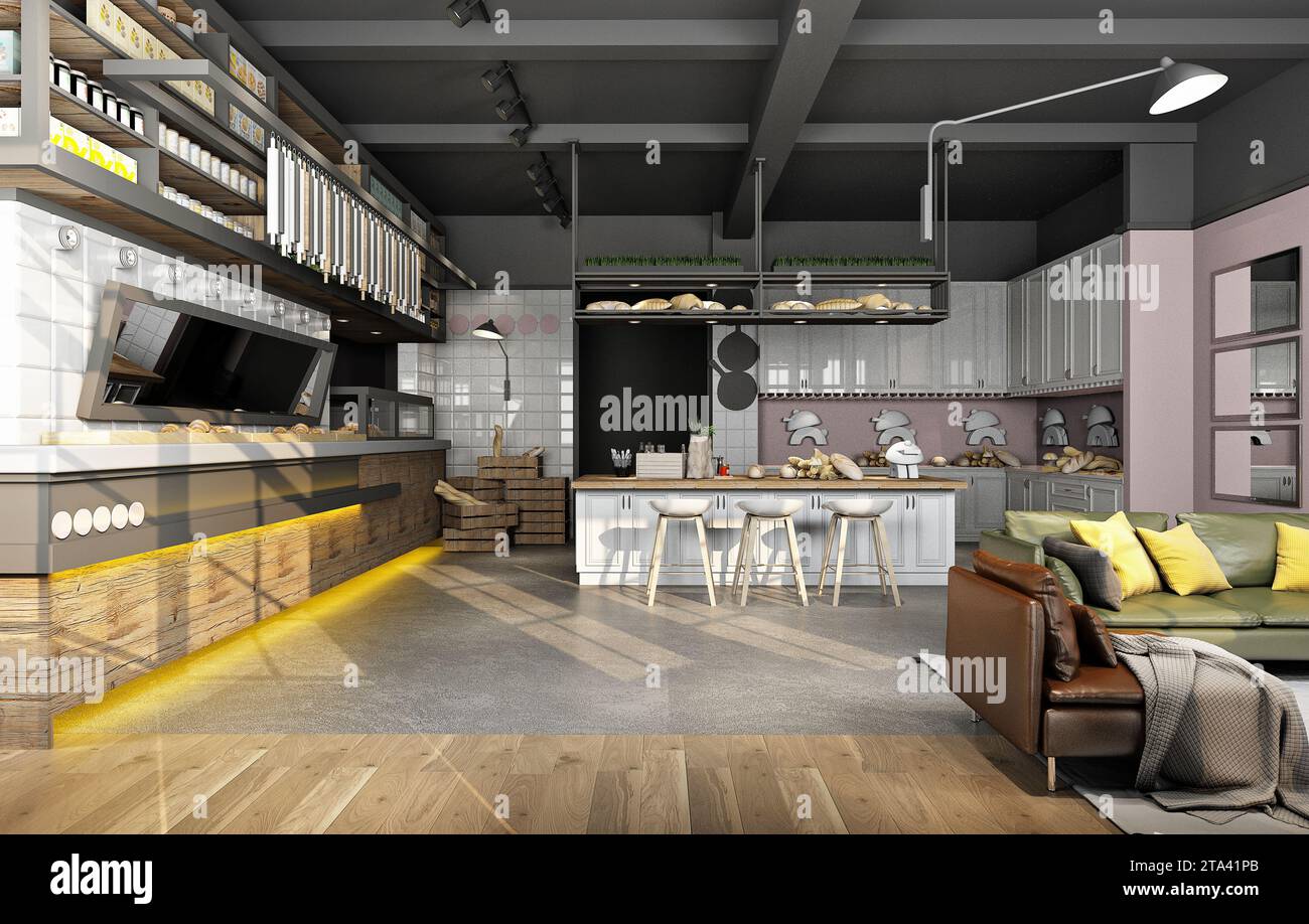 modern bakery cafe house interior, 3d rendering Stock Photo - Alamy